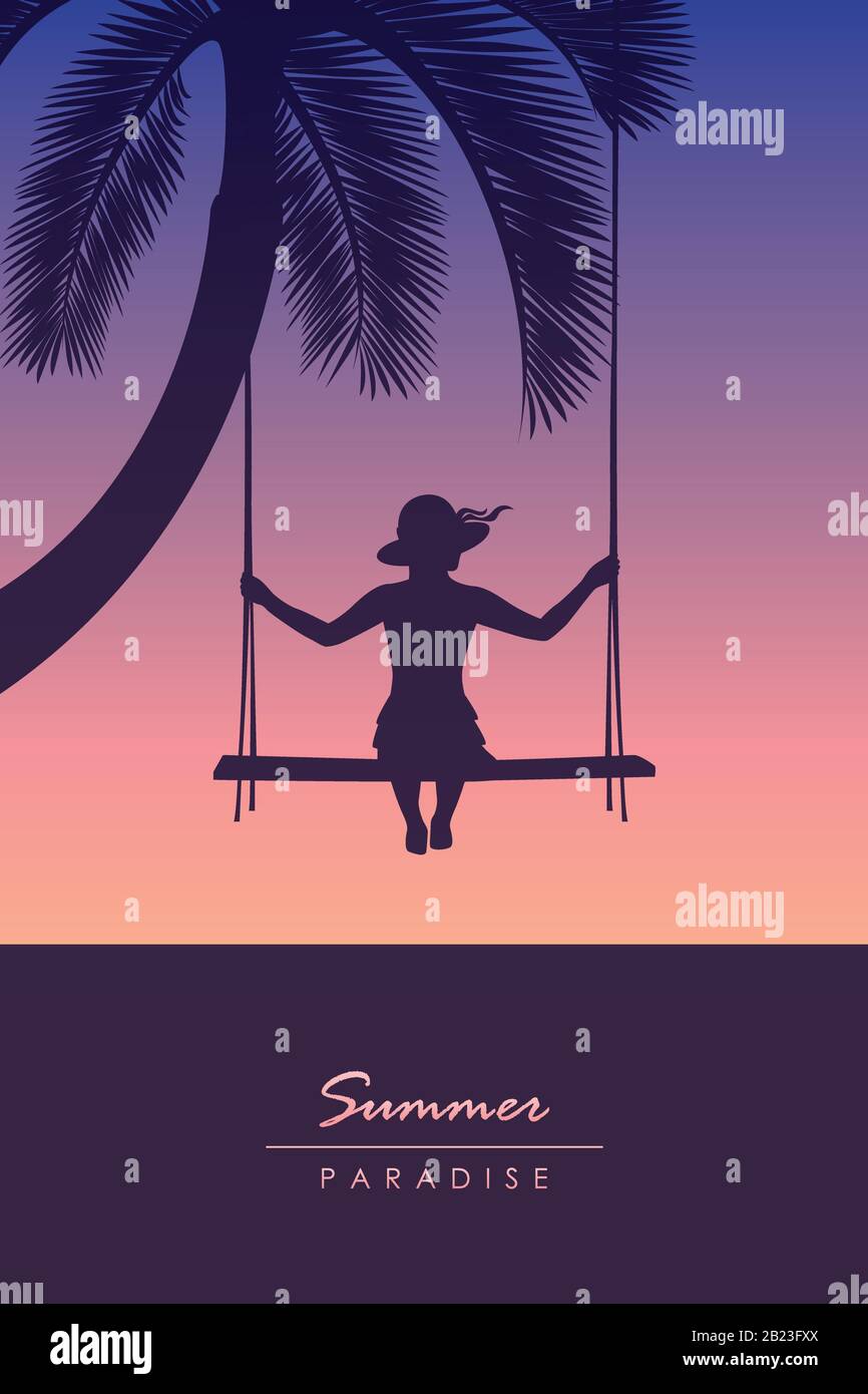 girl on a swing on summer holiday tropical palm background vector ...