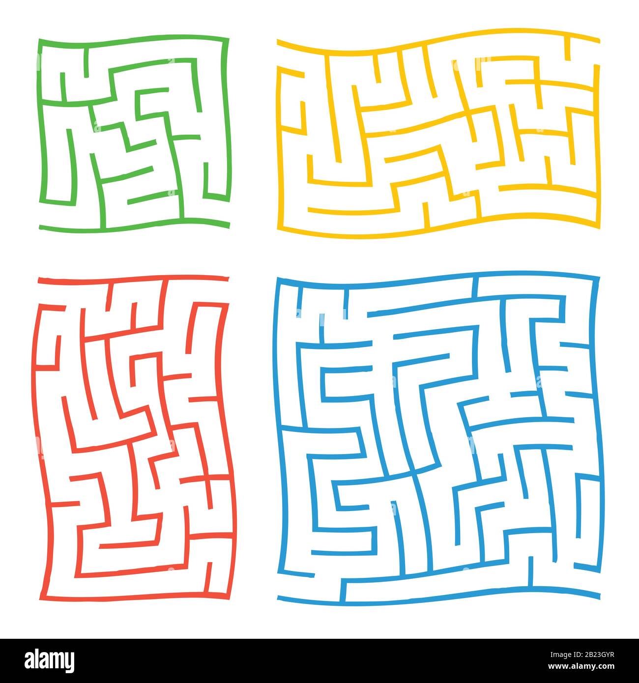 A set of colored square and rectangular labyrinths with entrance and exit. Simple flat vector ...