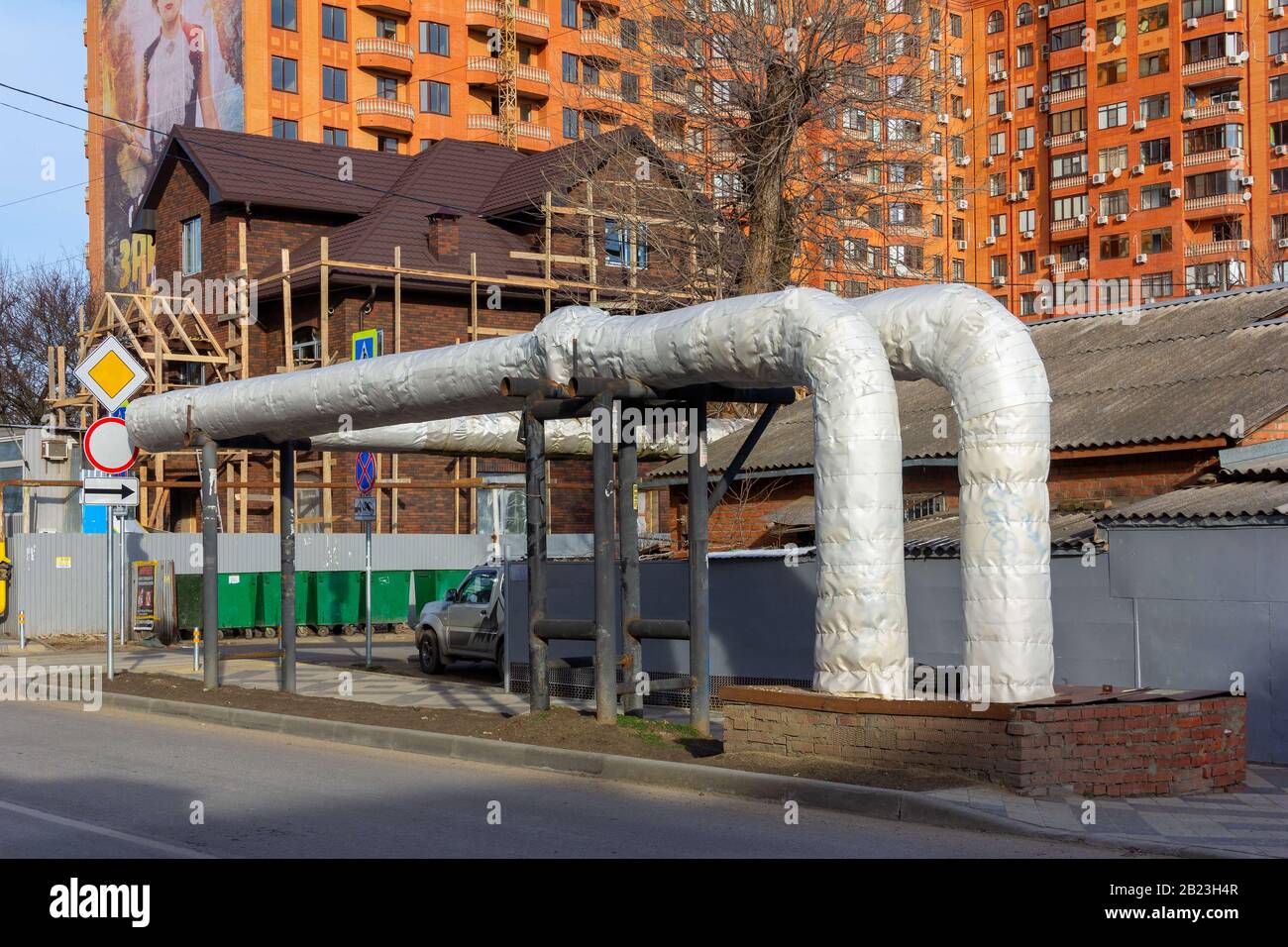 Krasnodar, Russia - February 11, 2020: Overhead heat pipes. A pipeline ...
