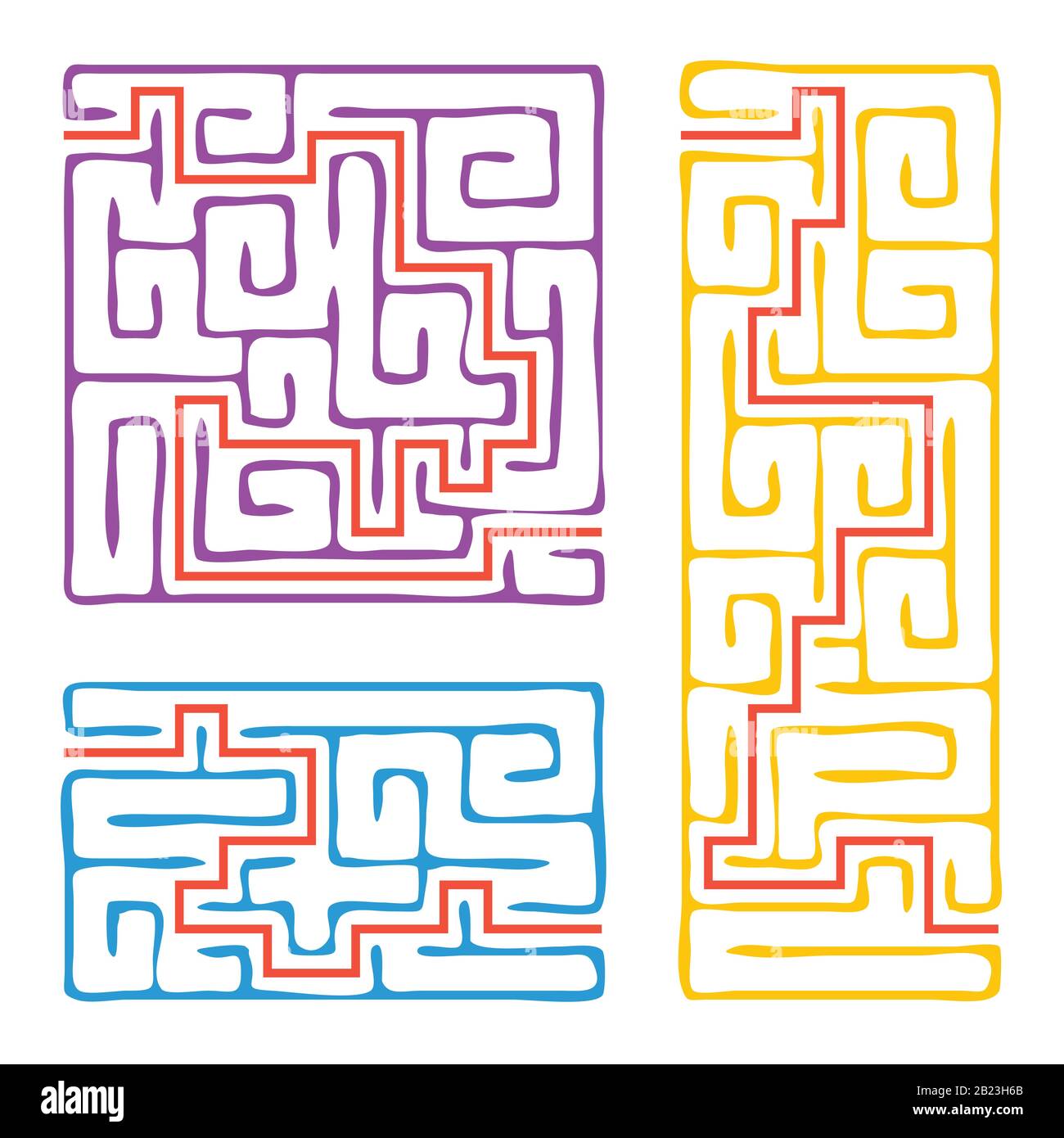 A set of colored square and rectangular labyrinths with entrance and exit. Simple flat vector ...