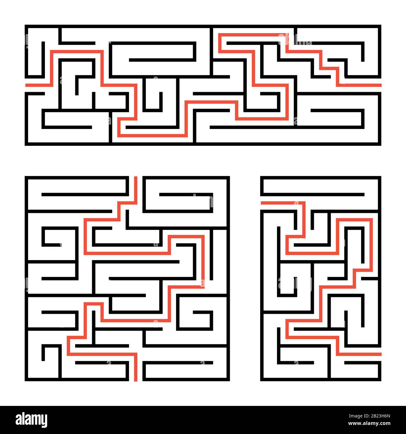 A set of square and rectangular labyrinths with entrance and exit. Simple flat vector ...