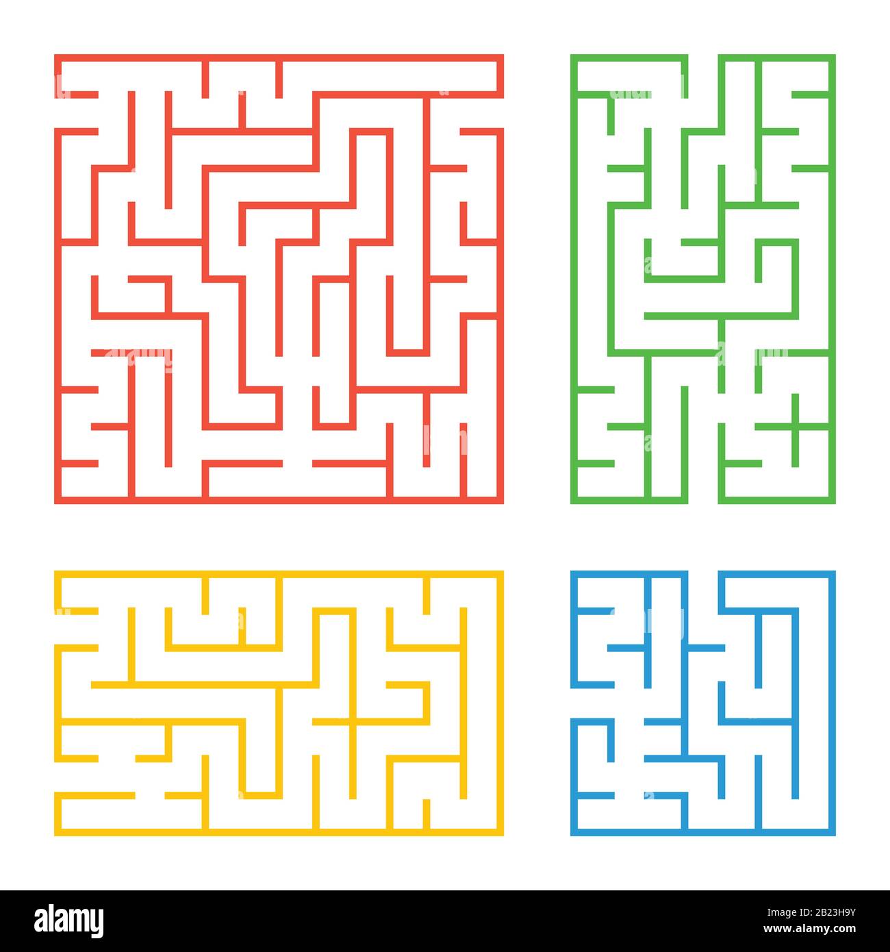 A set of colored square and rectangular labyrinths with entrance and exit. Simple flat vector ...