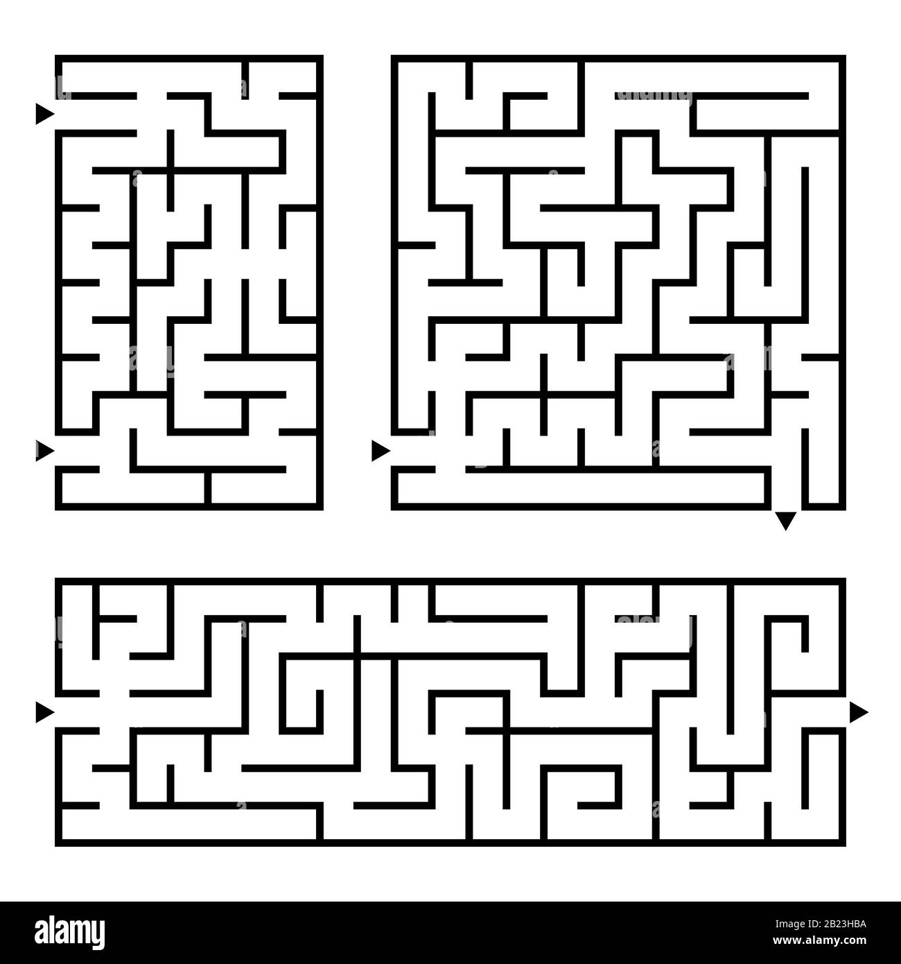 A set of square and rectangular labyrinths with entrance and exit. Simple flat vector ...