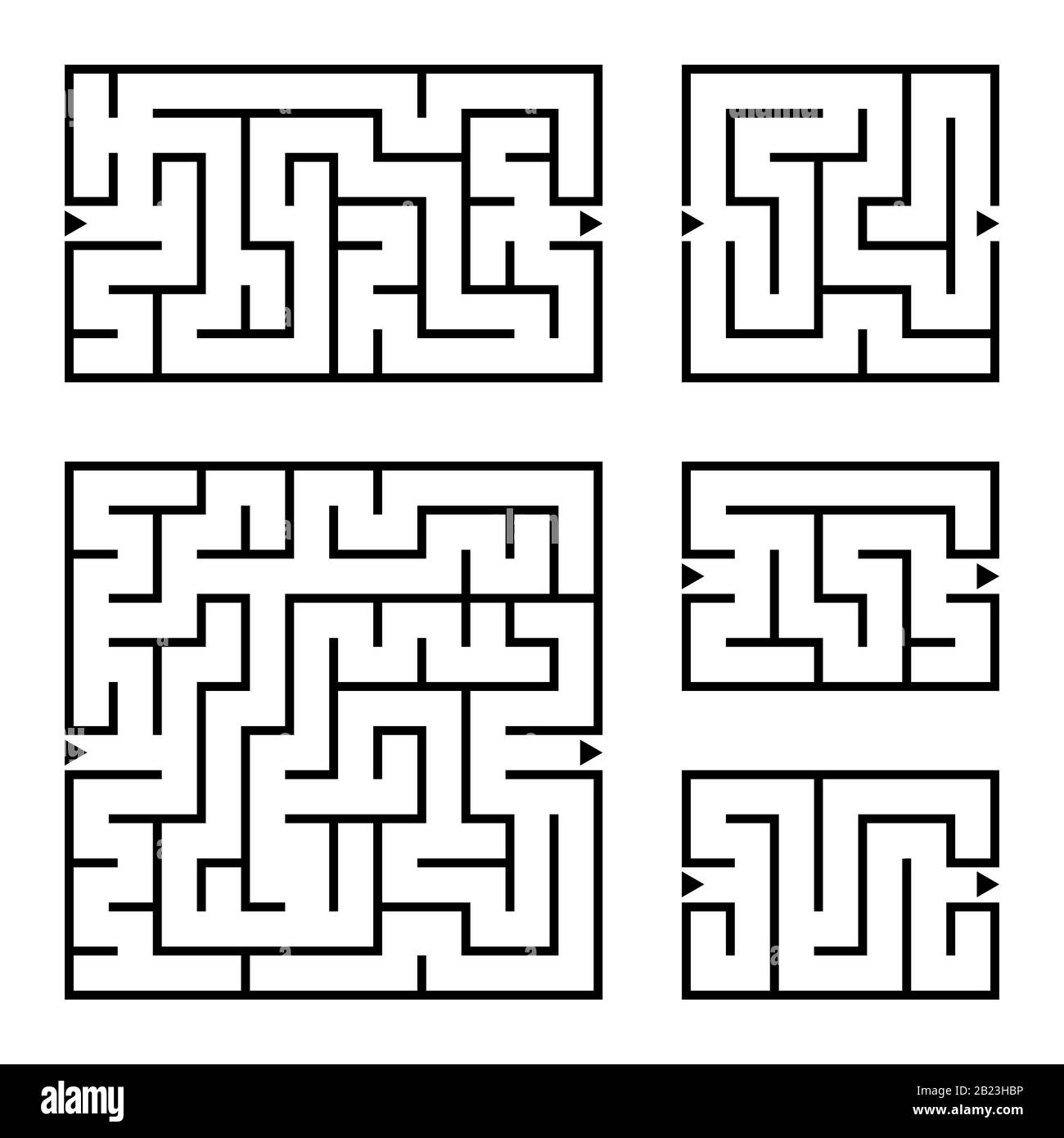A set of square and rectangular labyrinths with entrance and exit. Simple flat vector ...
