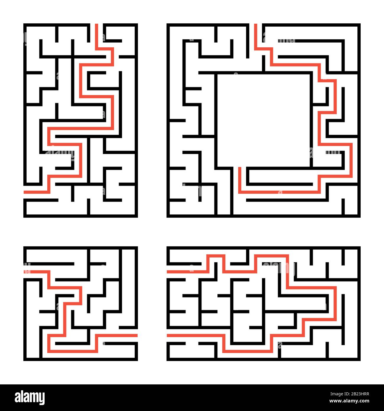 A set of square and rectangular labyrinths with entrance and exit. Simple flat vector ...