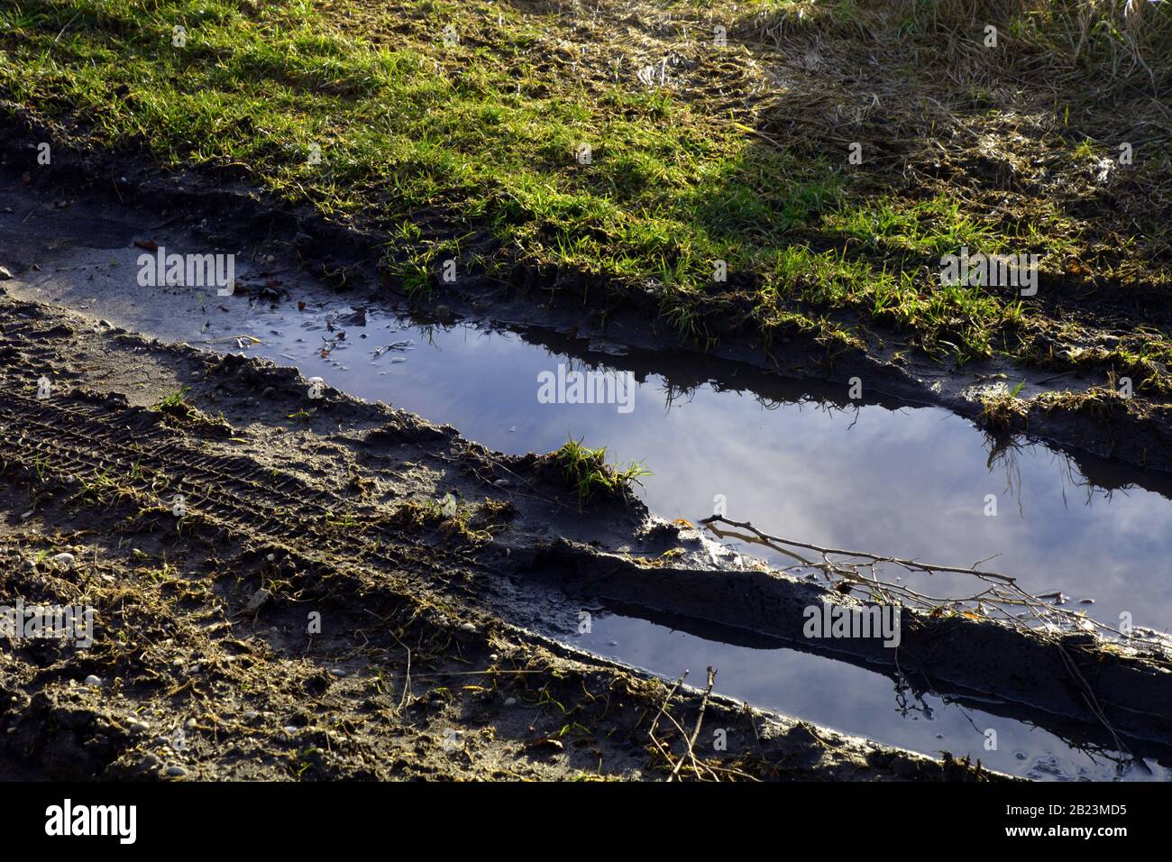 wet brown mud with car tyre tracks, puddles in tire tracks tafter heavy ...