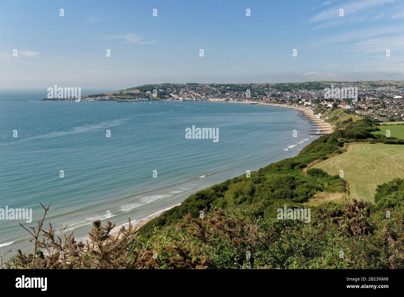 Overview of Swanage Bay, looking west towards Swanage, Dorset, UK, July ...
