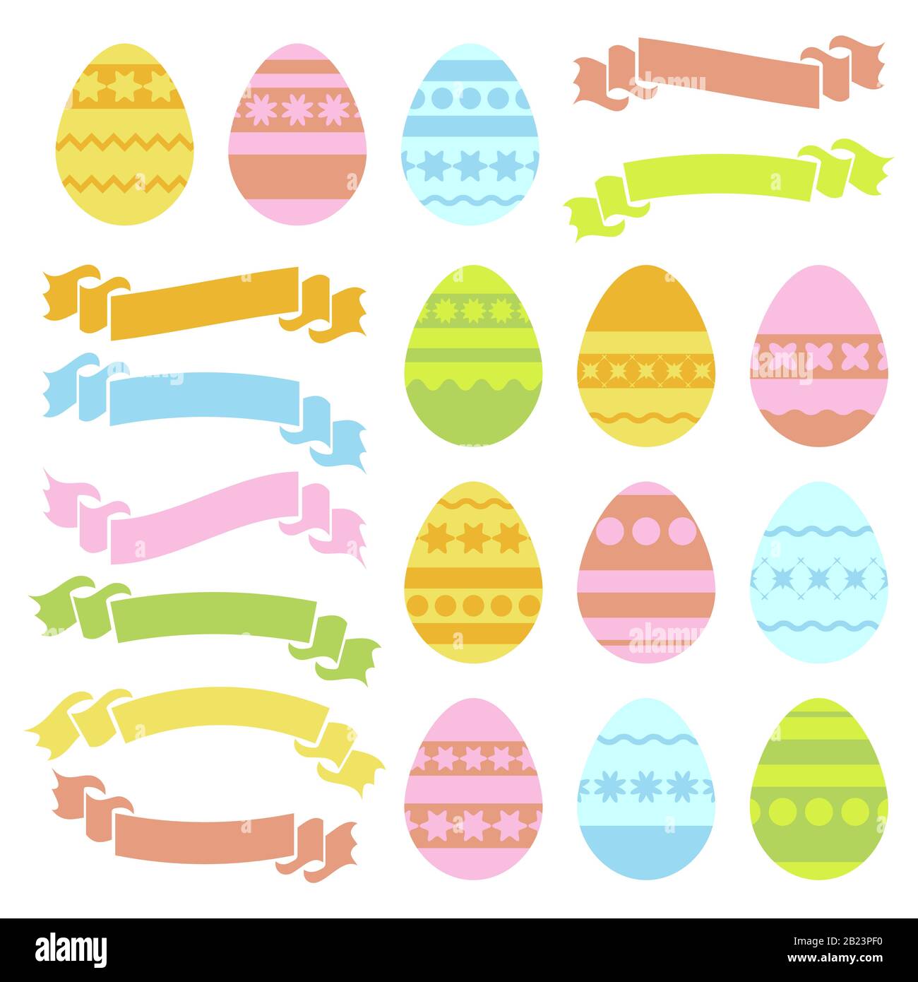Set of colored isolated Easter eggs and ribbon banners on white ...