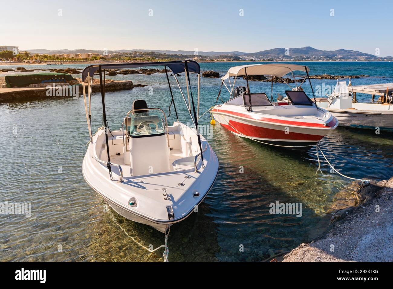Sea cruises boats for rent at Kolumbia beach, Rhodes. Greece Stock ...