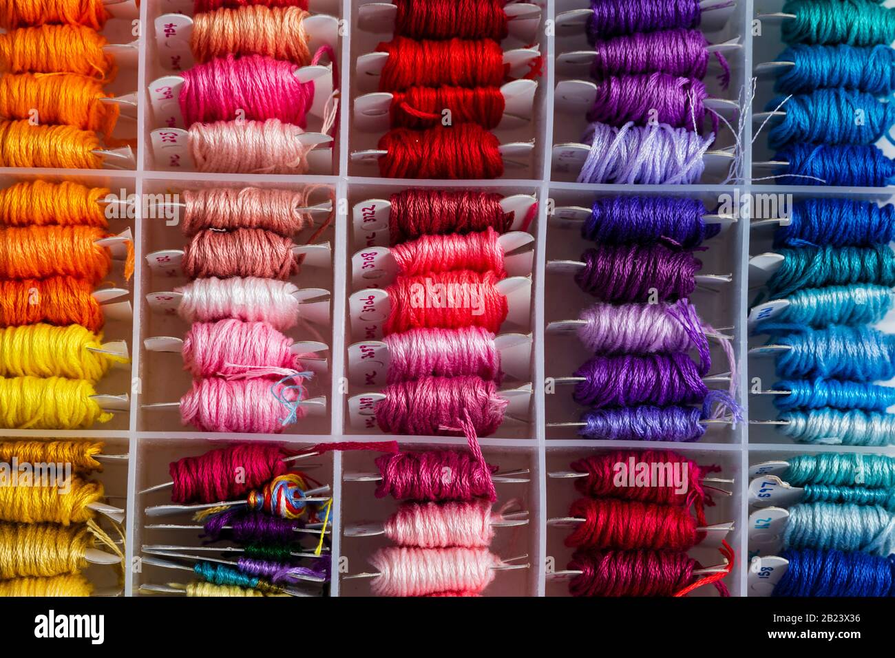 Coloured embroidery threads in separate compartments Stock Photo - Alamy