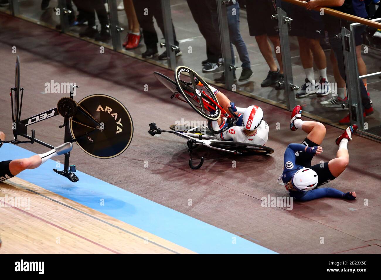 Great Britain's Neah Evans crashes during the Women's Madison during ...