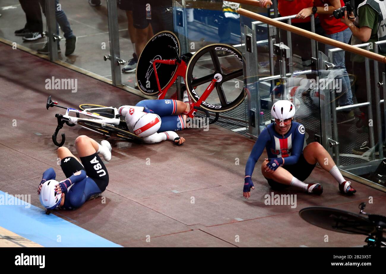 Great Britain's Neah Evans crashes during the Women's Madison during ...