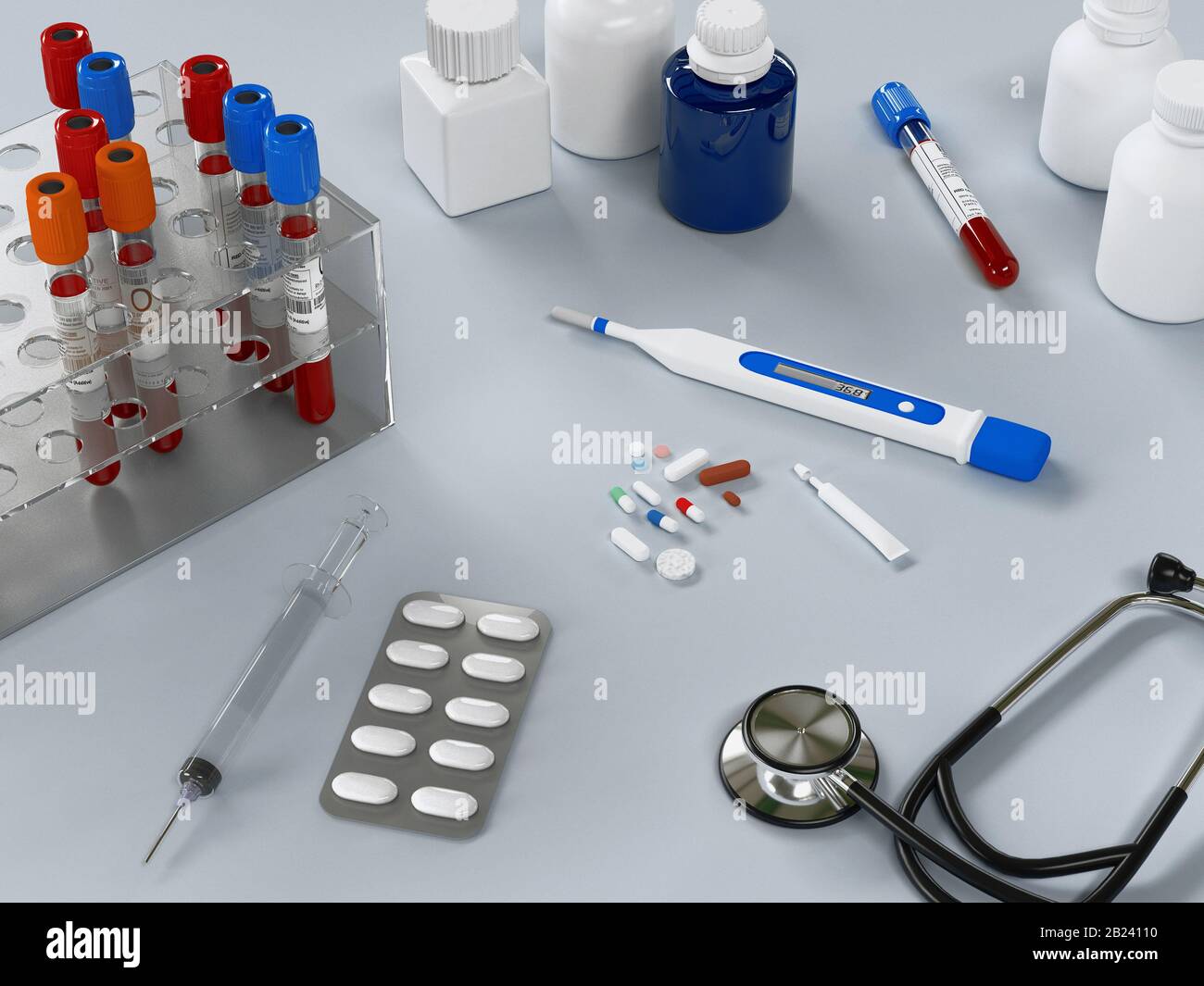 Medical stethoscope, electronic thermometer and pills on white ...