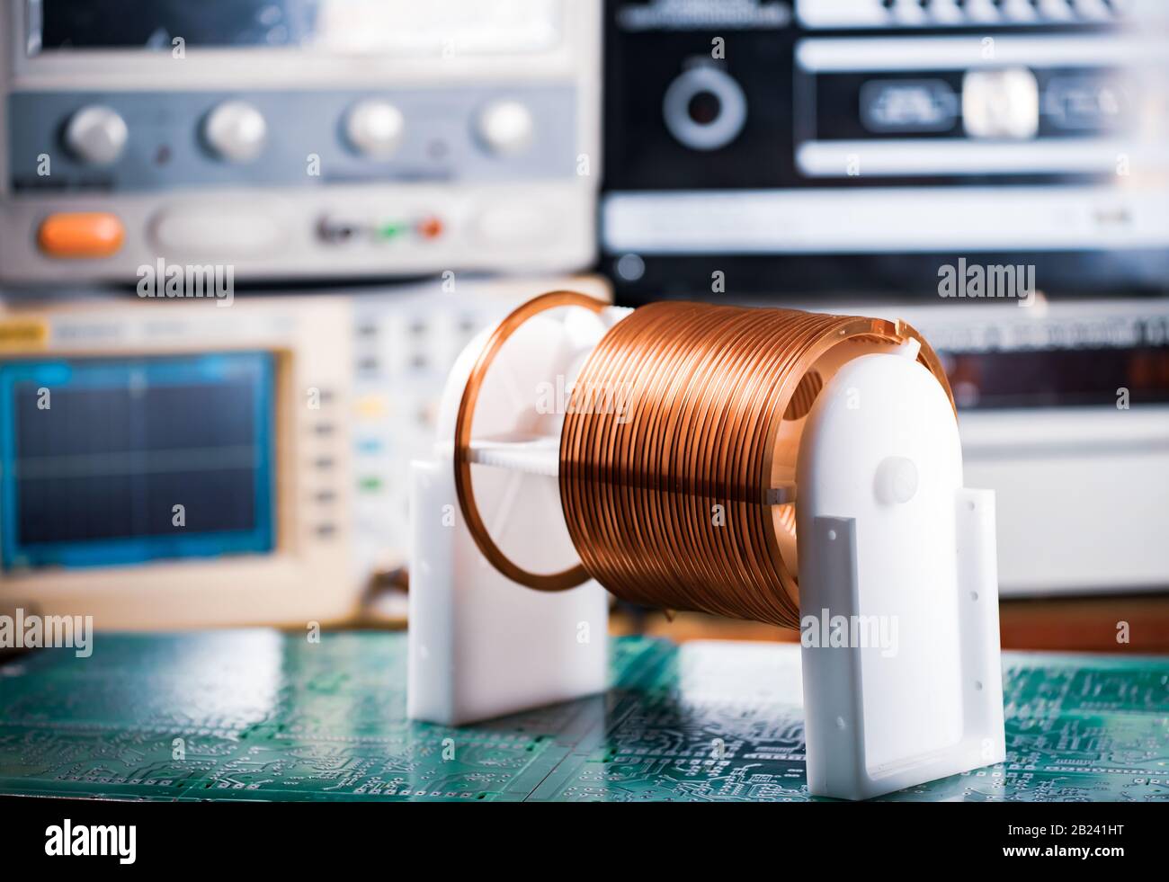 Close-up large and small coils with copper wire stand on a green ...