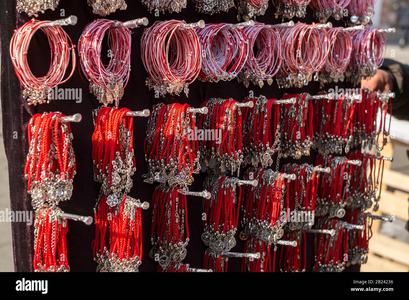 Sibiu city, Romania - February 29, 2020. People look at martisor at big ...