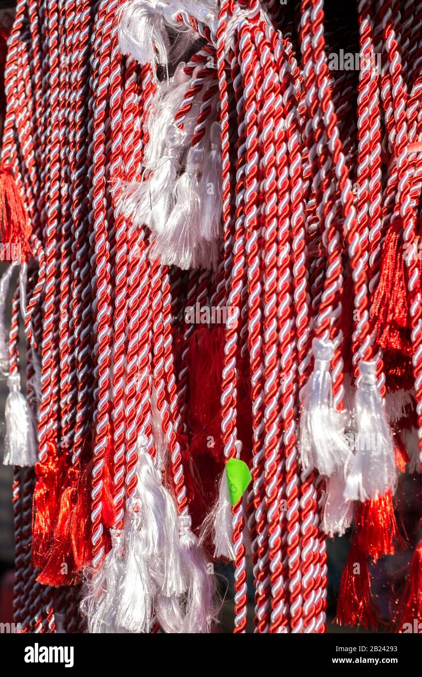 Sibiu city, Romania - February 29, 2020. People look at martisor at big ...