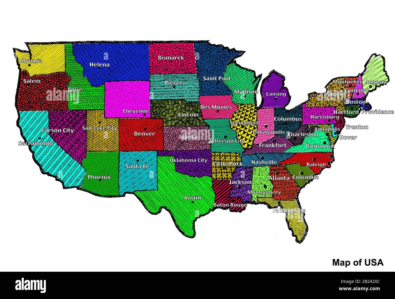 Map of USA with regions. Colorful graphic illustration with map of USA ...
