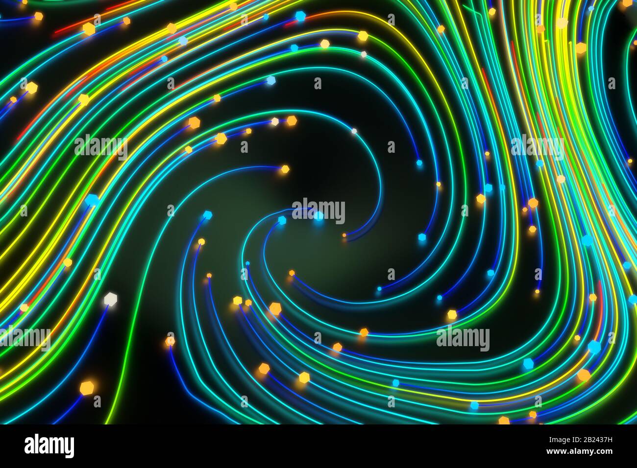 Neon glowing twisted cosmic lines on the glossy surface. Turbulence ...
