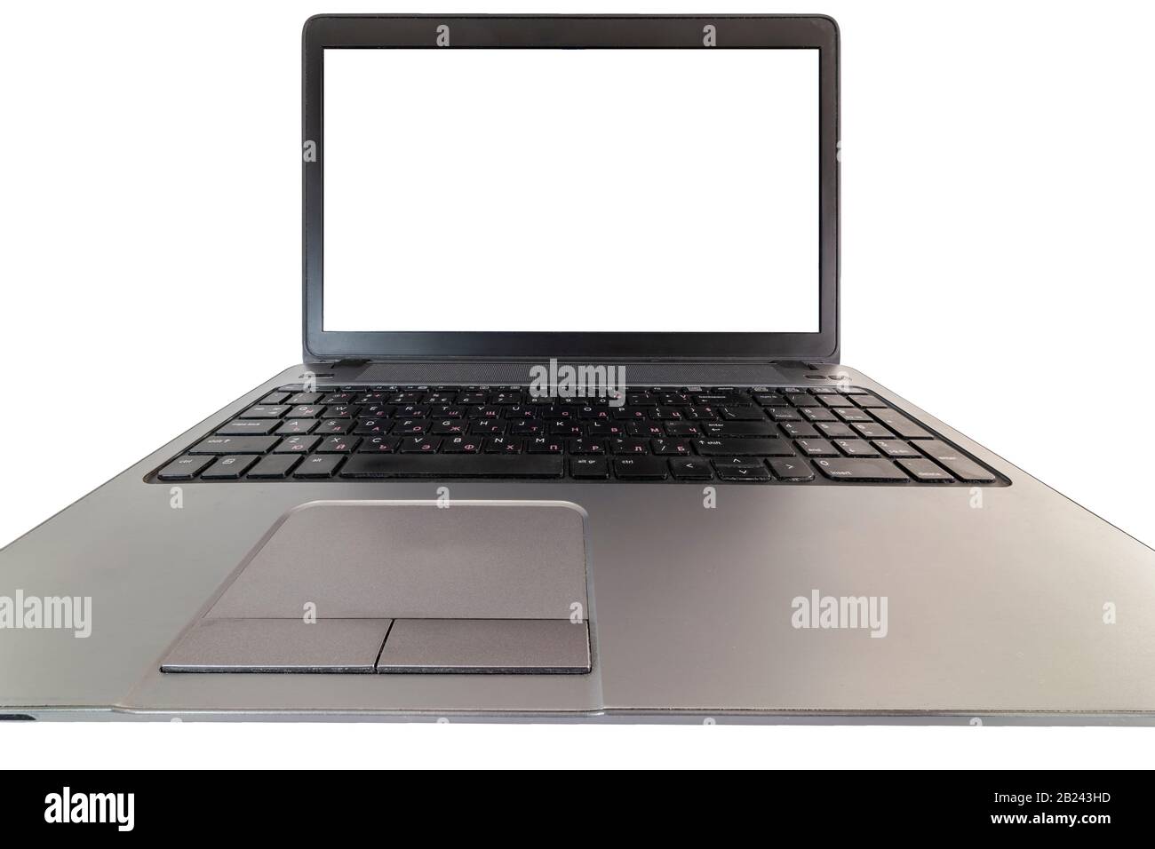 Low angle view of a laptop with blank screen isolated on white ...