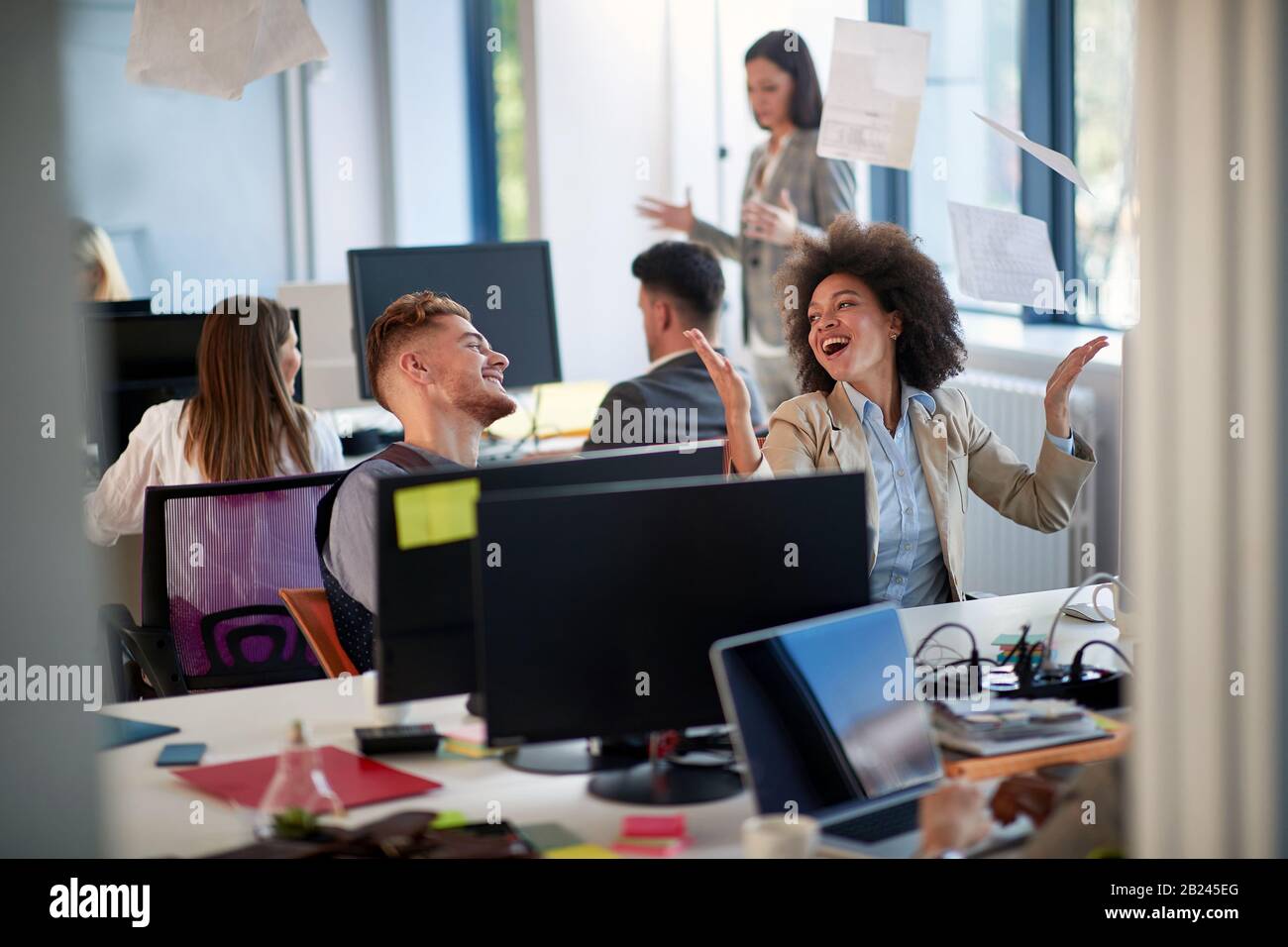 Project is finish.Happy workers are celebrating successful finish ...