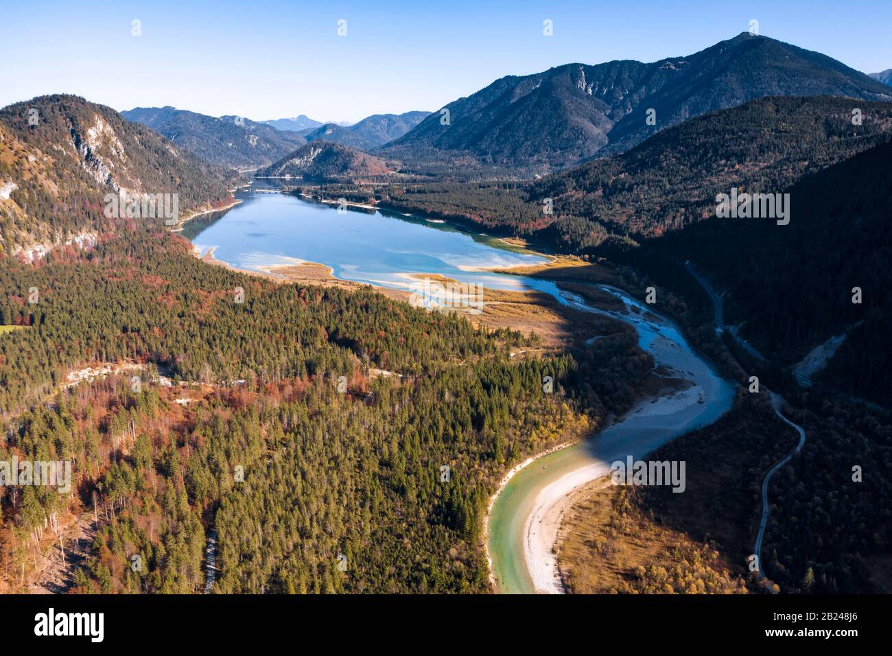 Aerial view, wild riverbed, Isar flows into Sylvenstein Dam, wild river ...