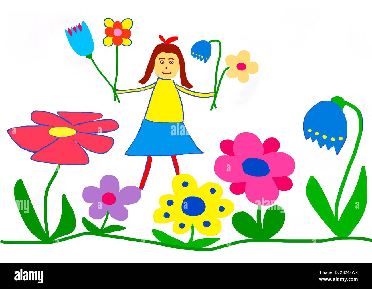 Girl with bunch of flowers in a flower meadow hi-res stock photography ...