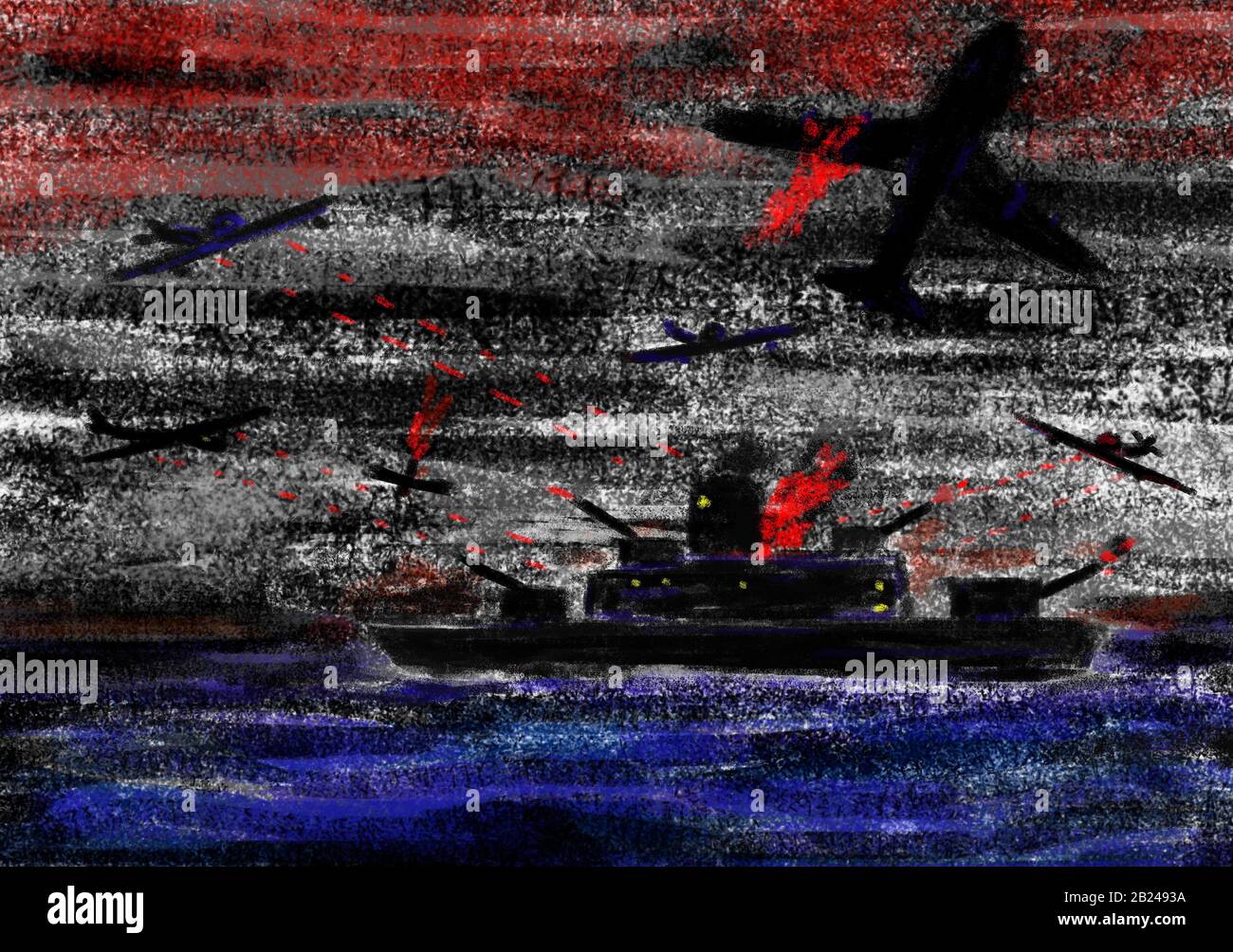 Naive illustration, children's drawing, war, sea battle with ships and ...