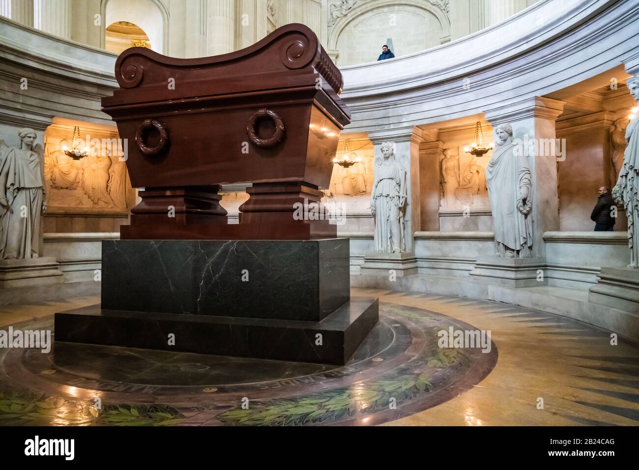 Tomb of Napoleon Bonaparte (1769–1821) made of red quartzite on a green granite base. Les ...