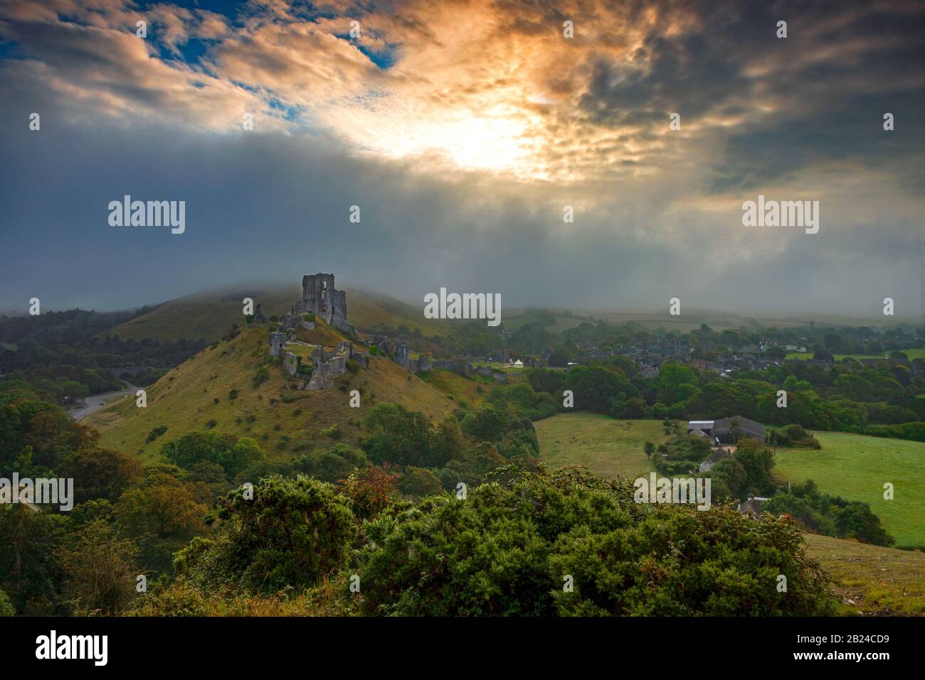Corfe Castle during mist, Corfe, Dorset, Uk Stock Photo - Alamy