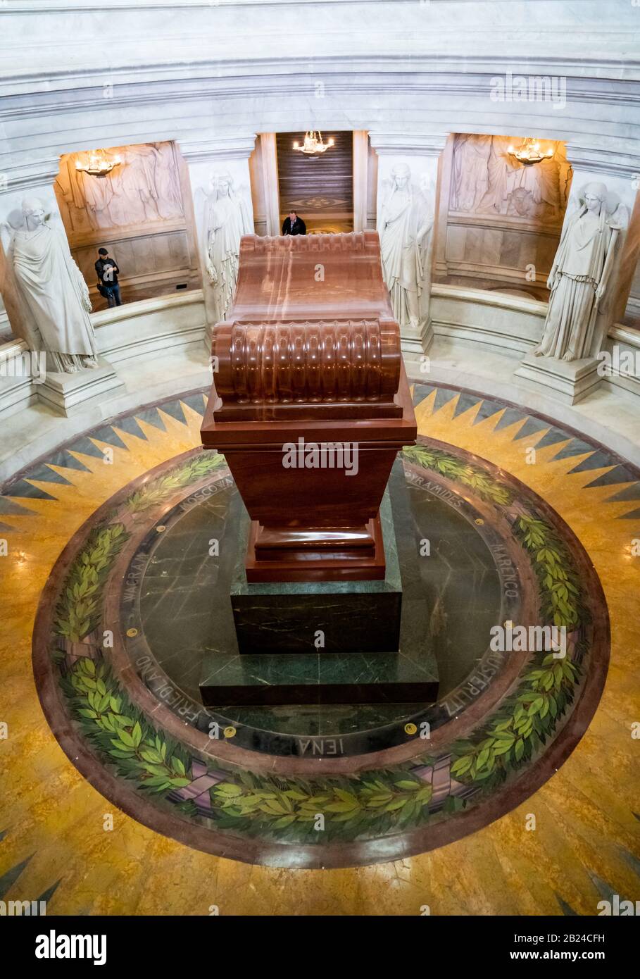 Tomb of Napoleon Bonaparte (1769–1821) made of red quartzite on a green granite base. Les ...