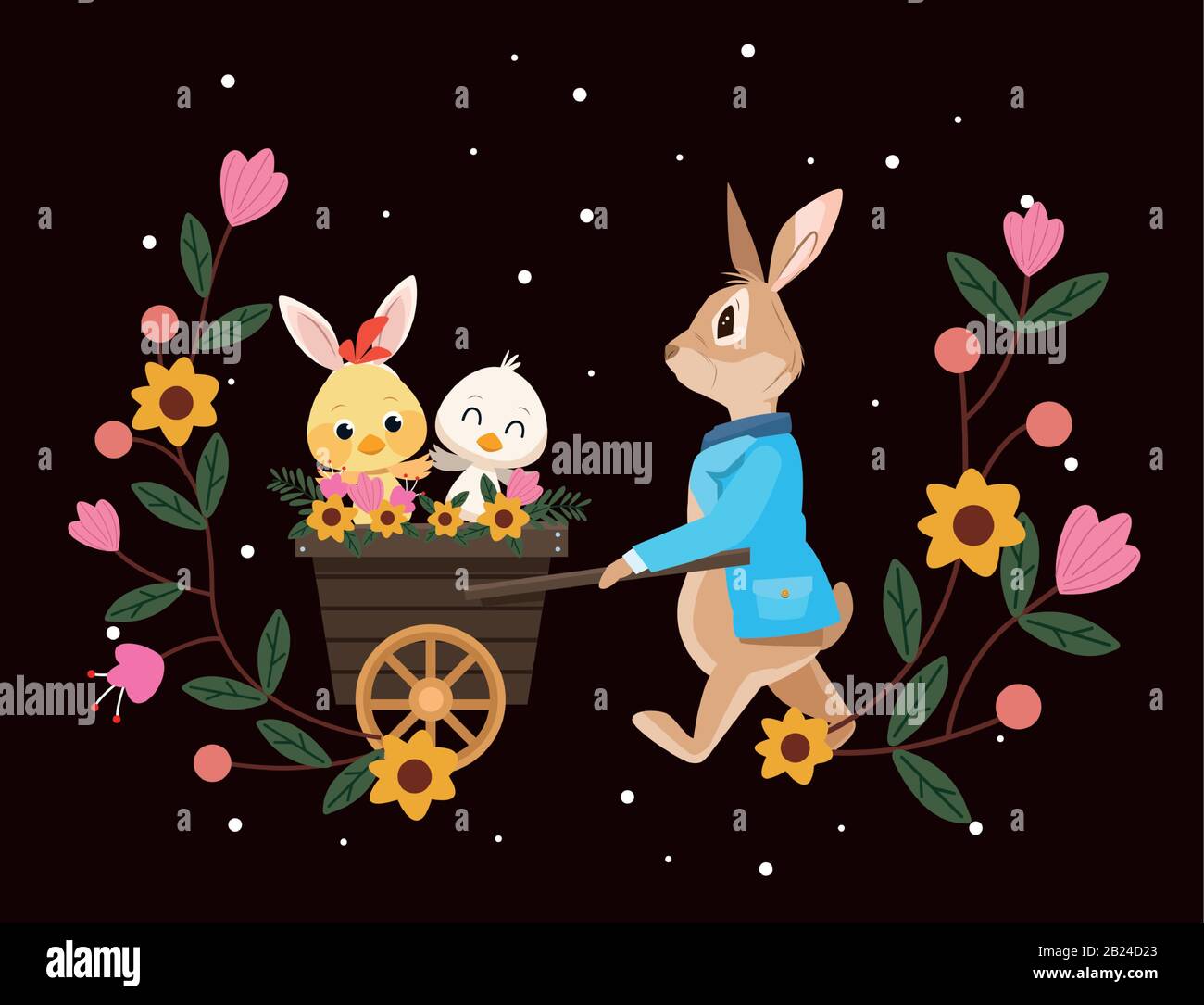 happy easter card with rabbit and little birds in cart Stock Vector ...