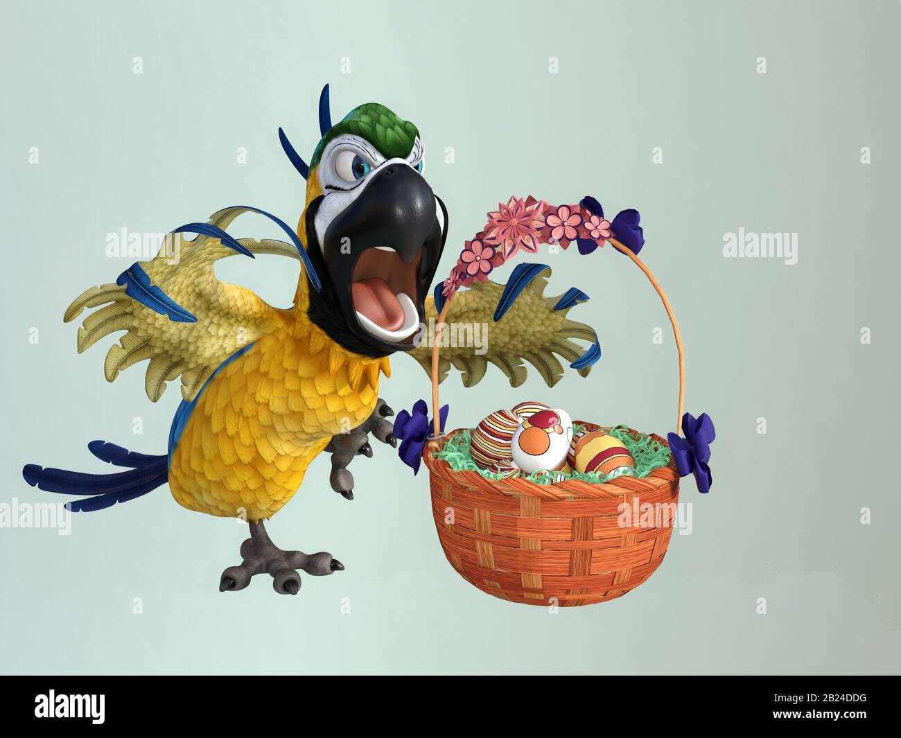 Easter scene of parrot bird with Easter eggs in the decorated basket ...