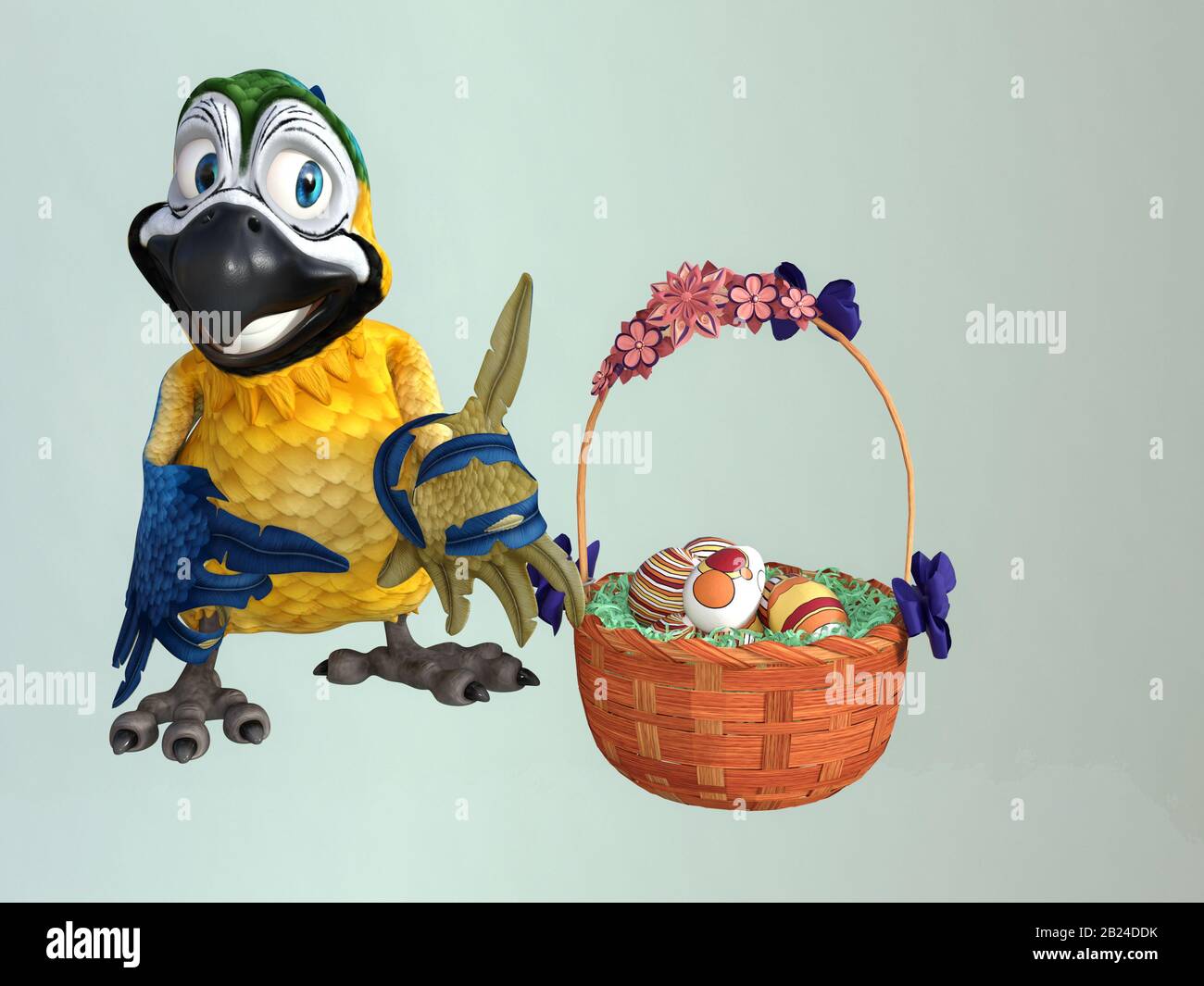 Easter scene of parrot bird with Easter eggs in the decorated basket ...