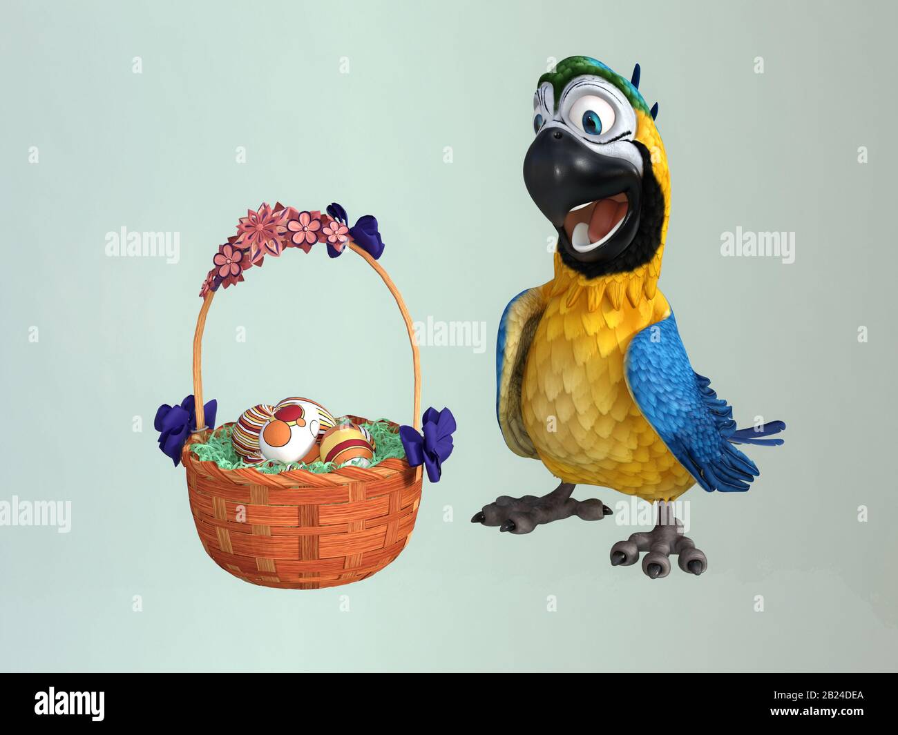 Easter scene of parrot bird with Easter eggs in the decorated basket ...