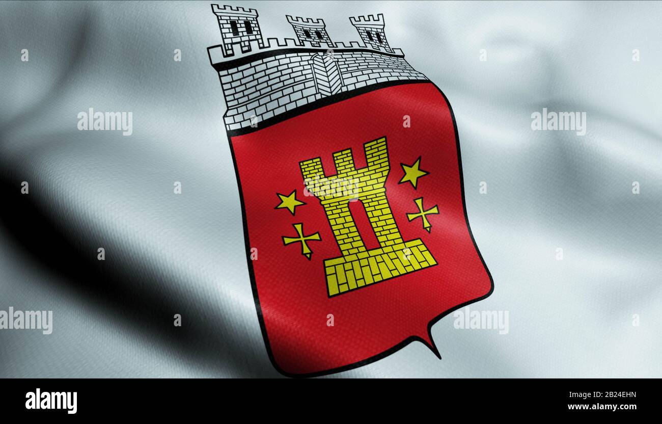 3D Illustration of a waving coat of arms flag of Bitburg (Germany ...