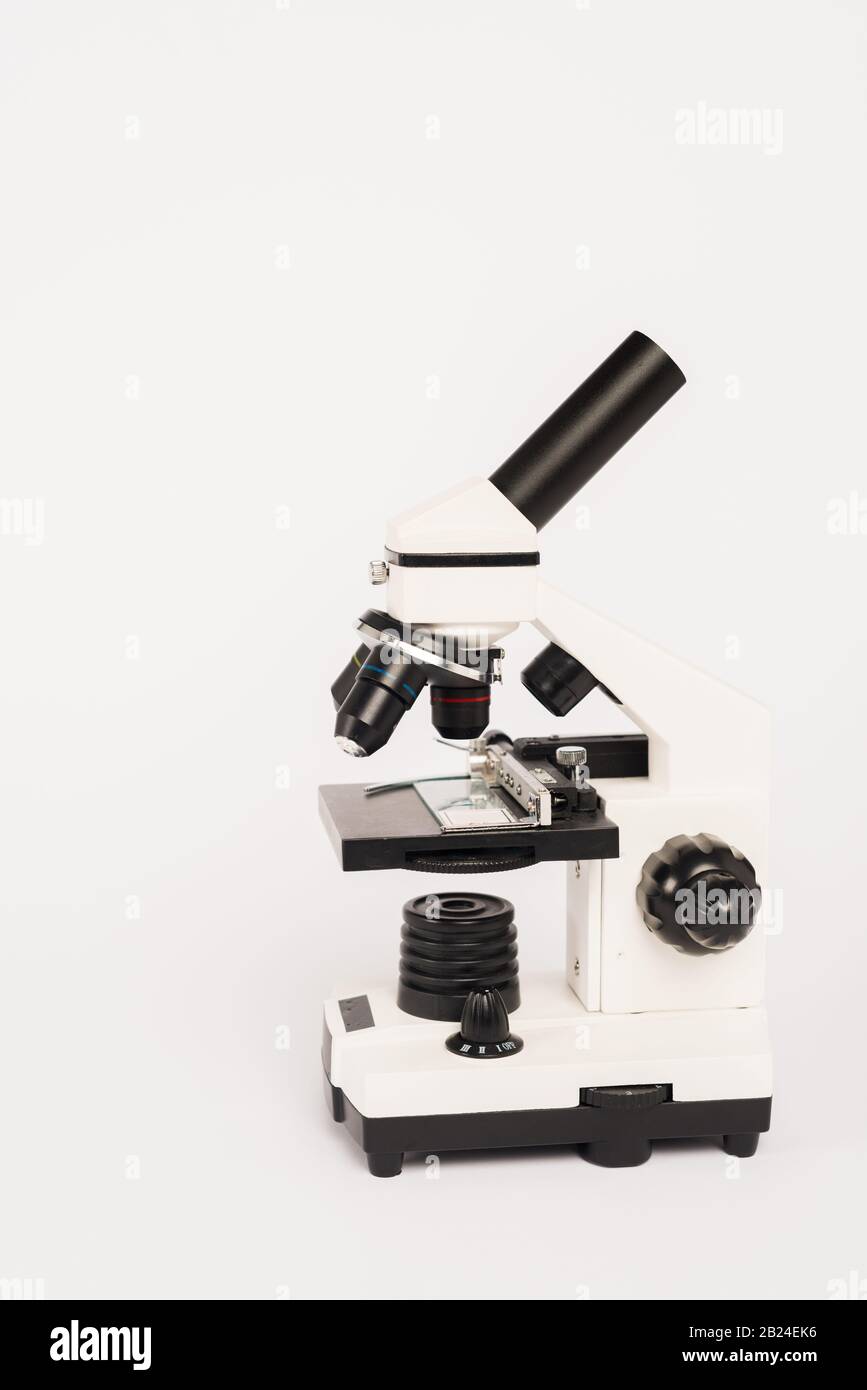modern microscope isolated on white with copy space Stock Photo - Alamy