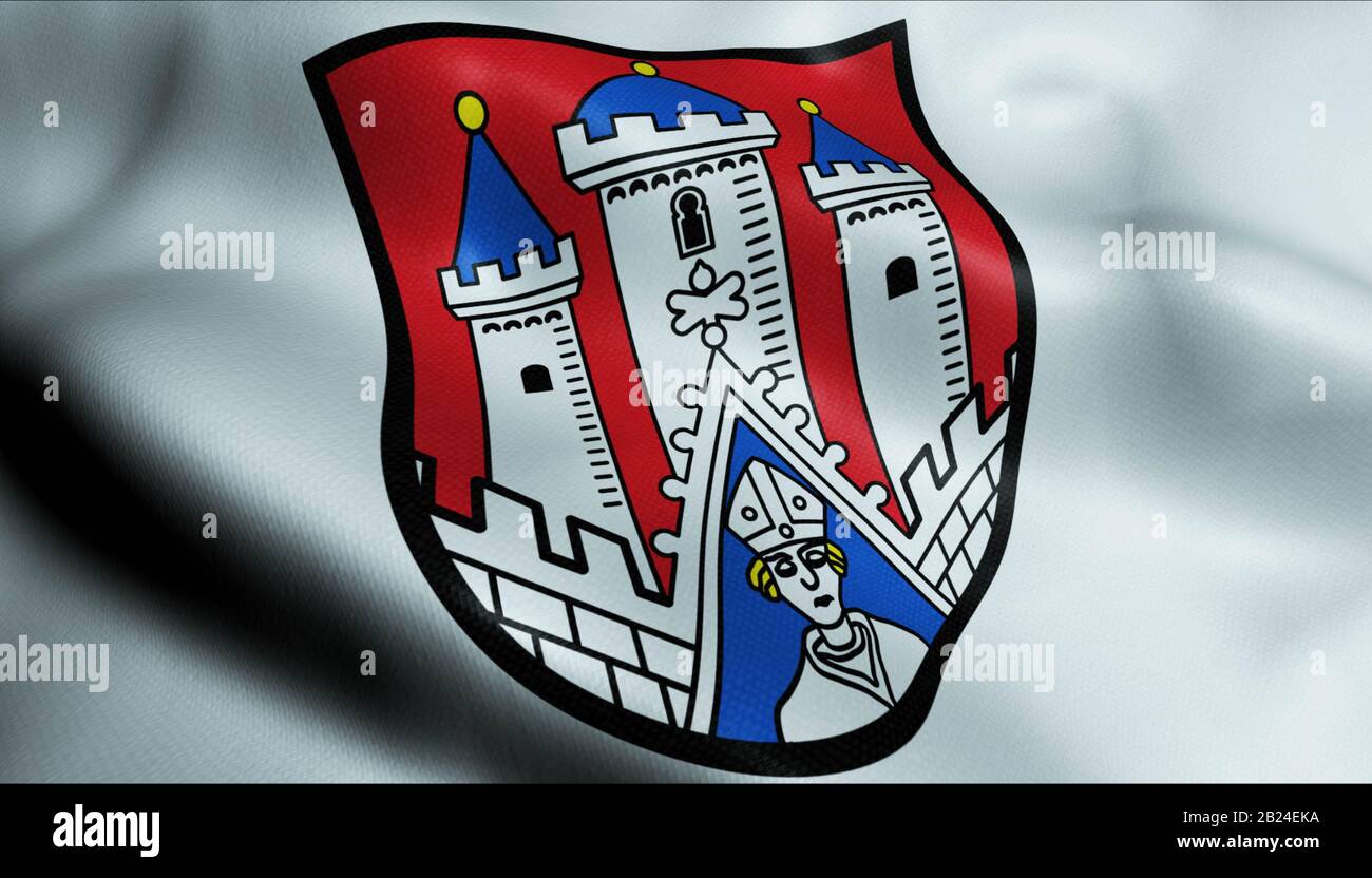 3D Illustration of a waving coat of arms flag of Bischofsheim in der ...