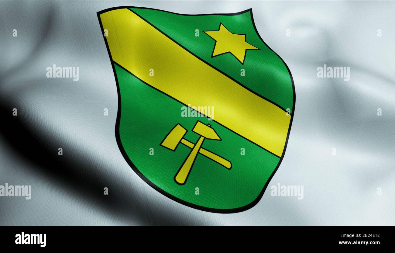 3D Illustration of a waving coat of arms flag of Bexbach (Germany ...