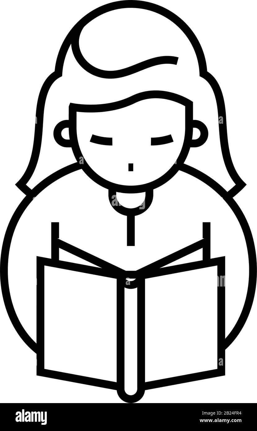 Reading girl line icon, concept sign, outline vector illustration ...