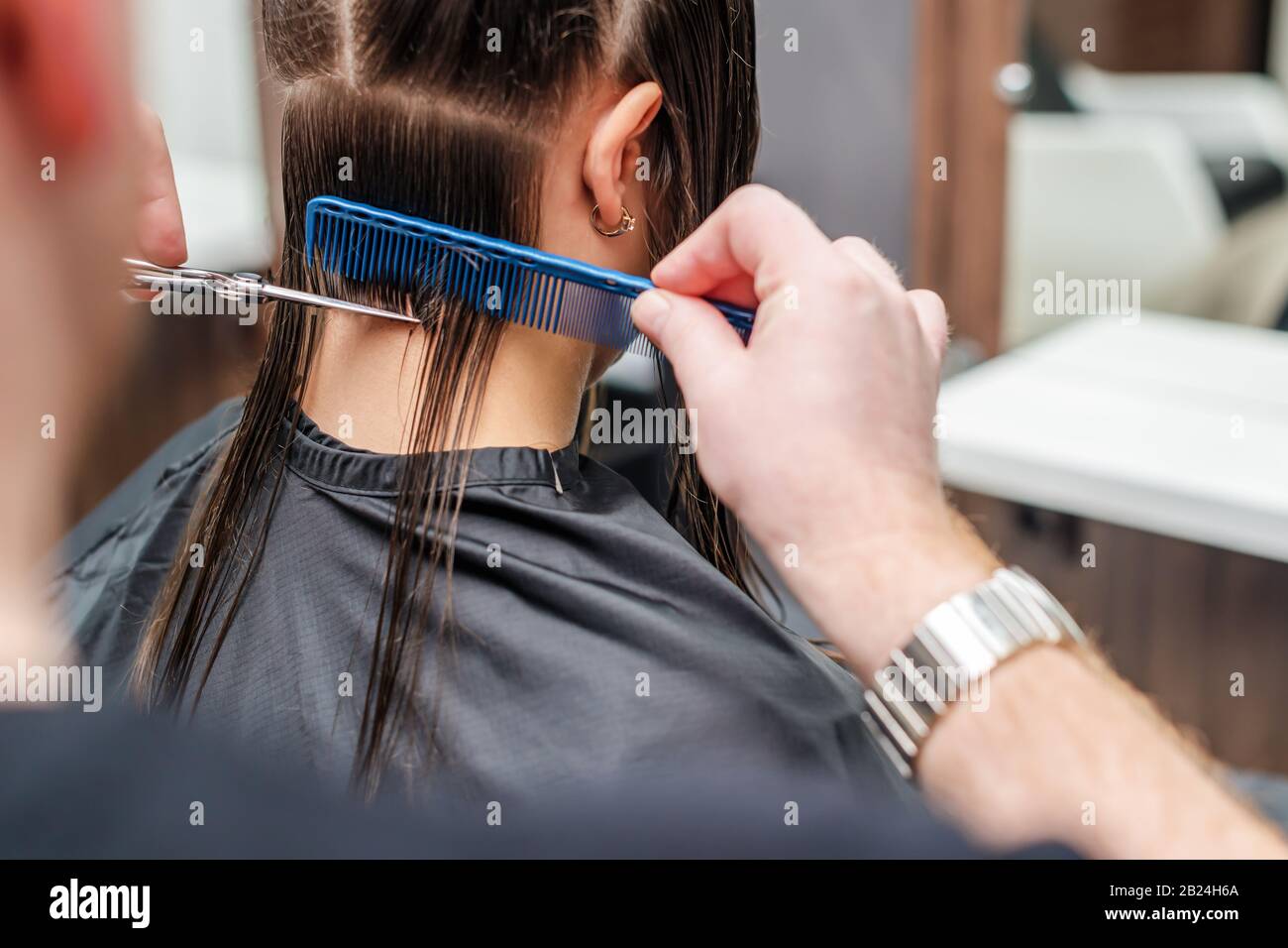 Back view close up hairdresser cutting hair of woman in hair salon ...