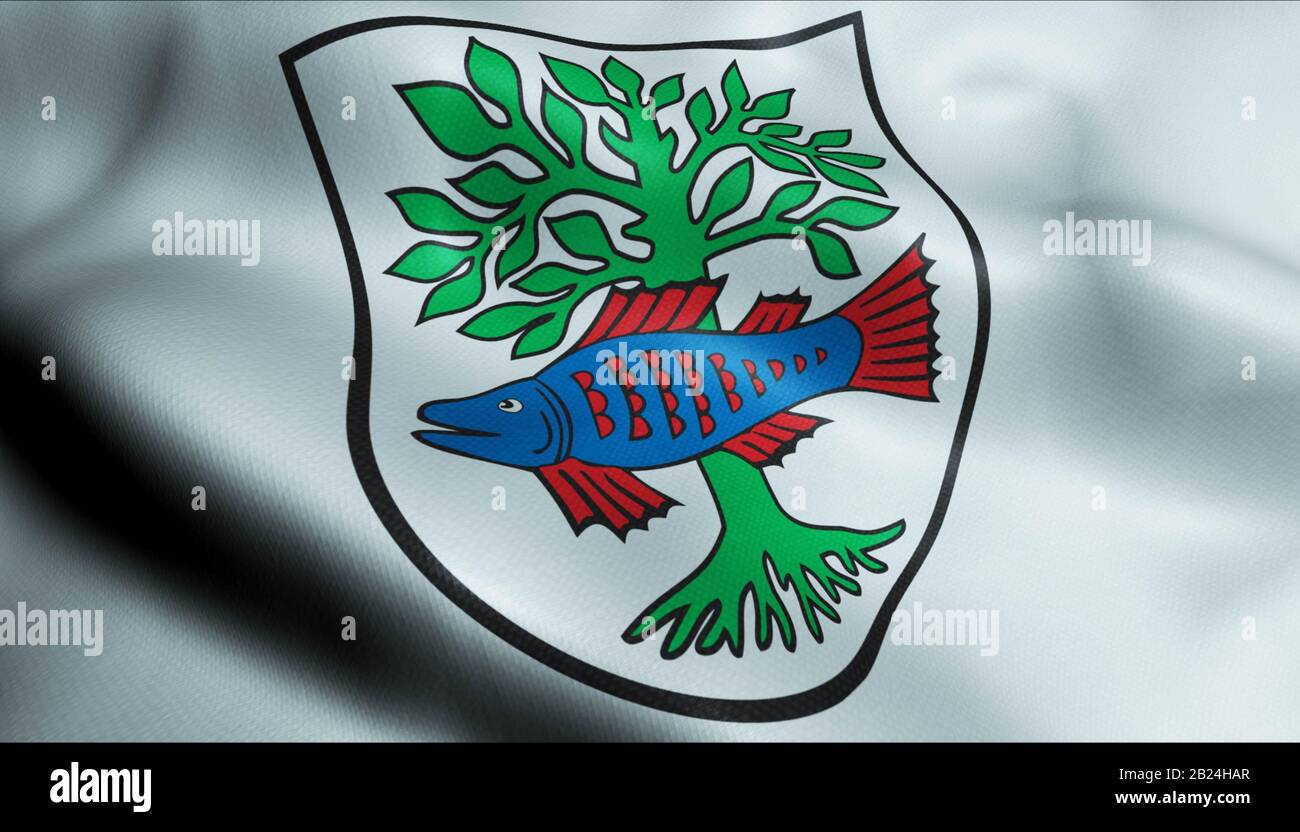 3D Illustration of a waving coat of arms flag of Bad Buchau (Germany ...