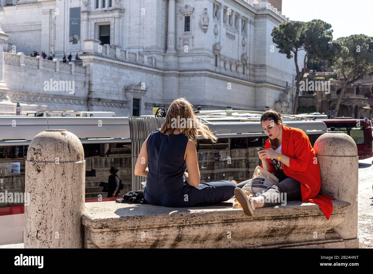 Rome Italy, March 15, 2019 - Victoria Square, the girls tourists ...