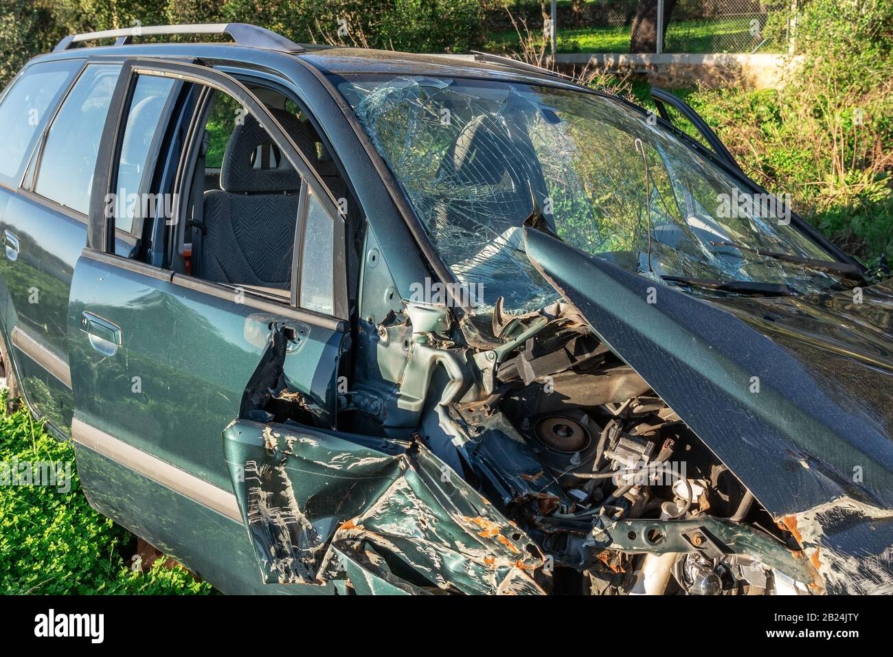 The car crashed into the wall, looking after the crash. Drunk driver ...