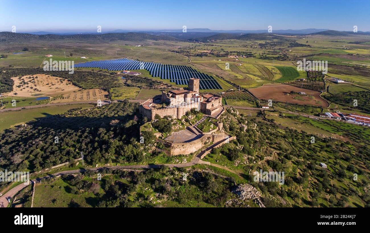 Aerial. Ancient Spanish castle Miraflores, in the town Alconchel ...