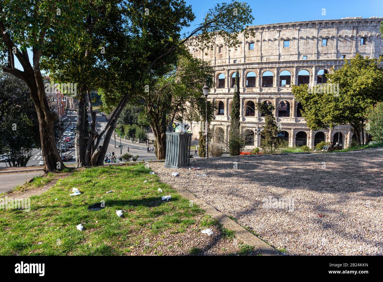 Bin and dirt, trash, on the background of the Italian monument to the ...