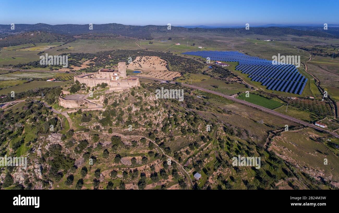 Aerial. Ancient Spanish castle Miraflores, in the town Alconchel ...