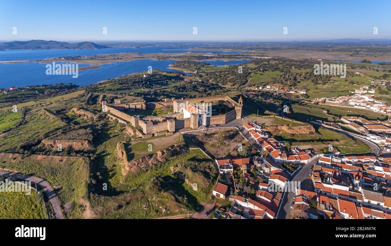 Aerial. View from above village and castle Mourao, district Evora ...