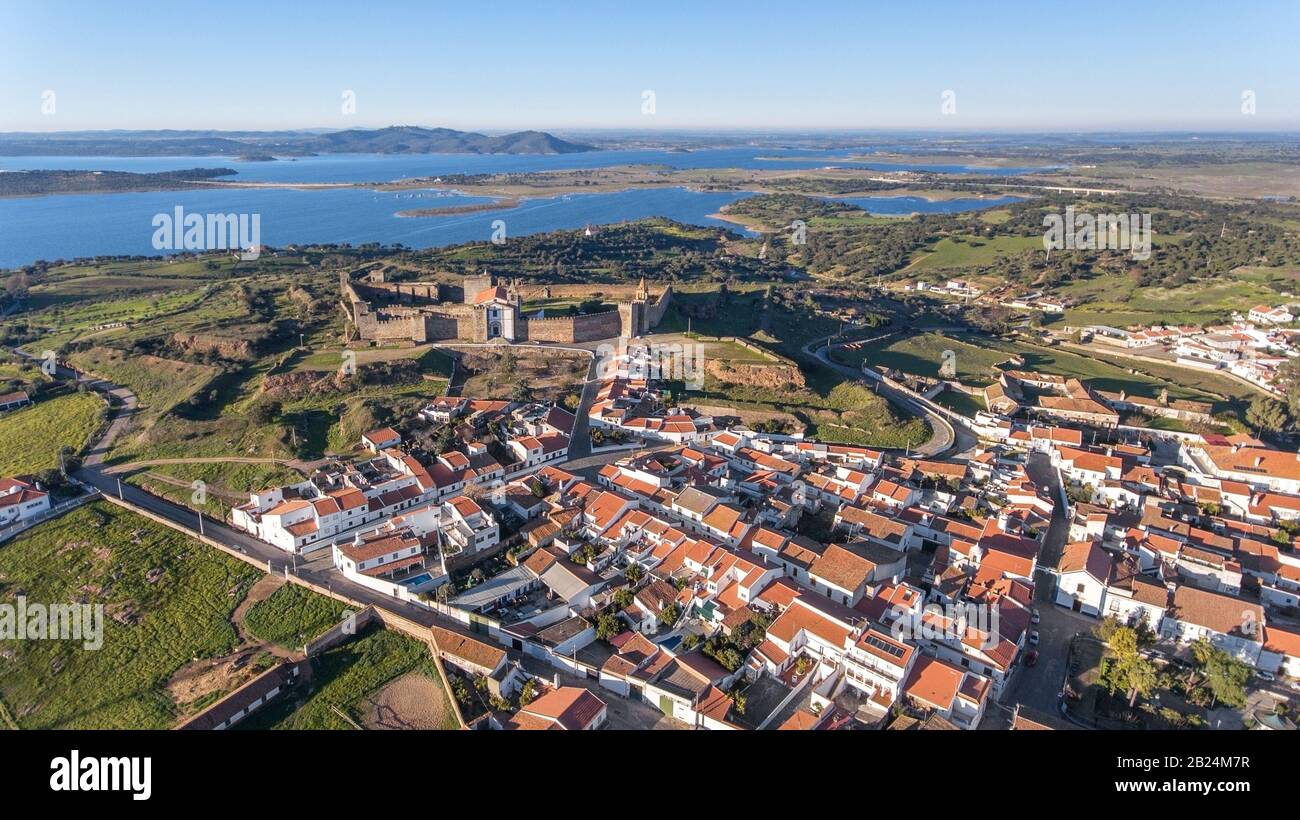 Aerial. View from above village and castle Mourao, district Evora ...