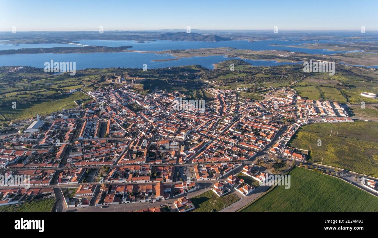 Aerial. View from above village and castle Mourao, district Evora ...