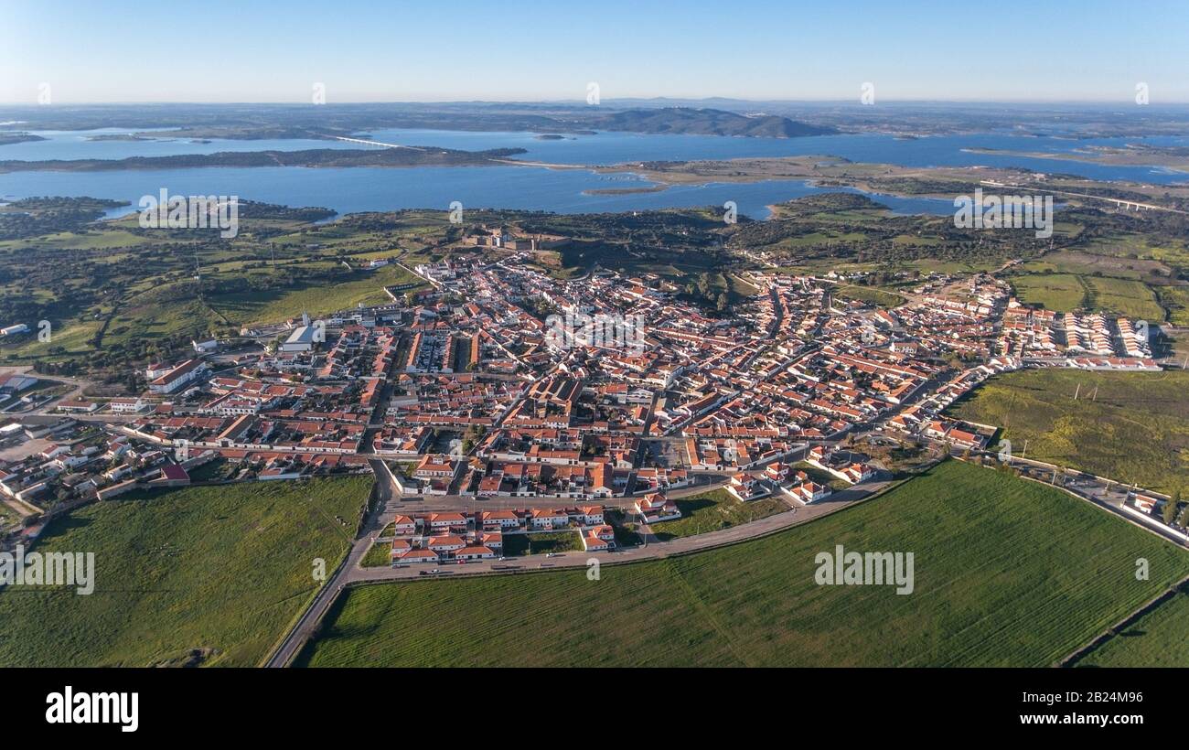 Aerial. View from above village and castle Mourao, district Evora ...